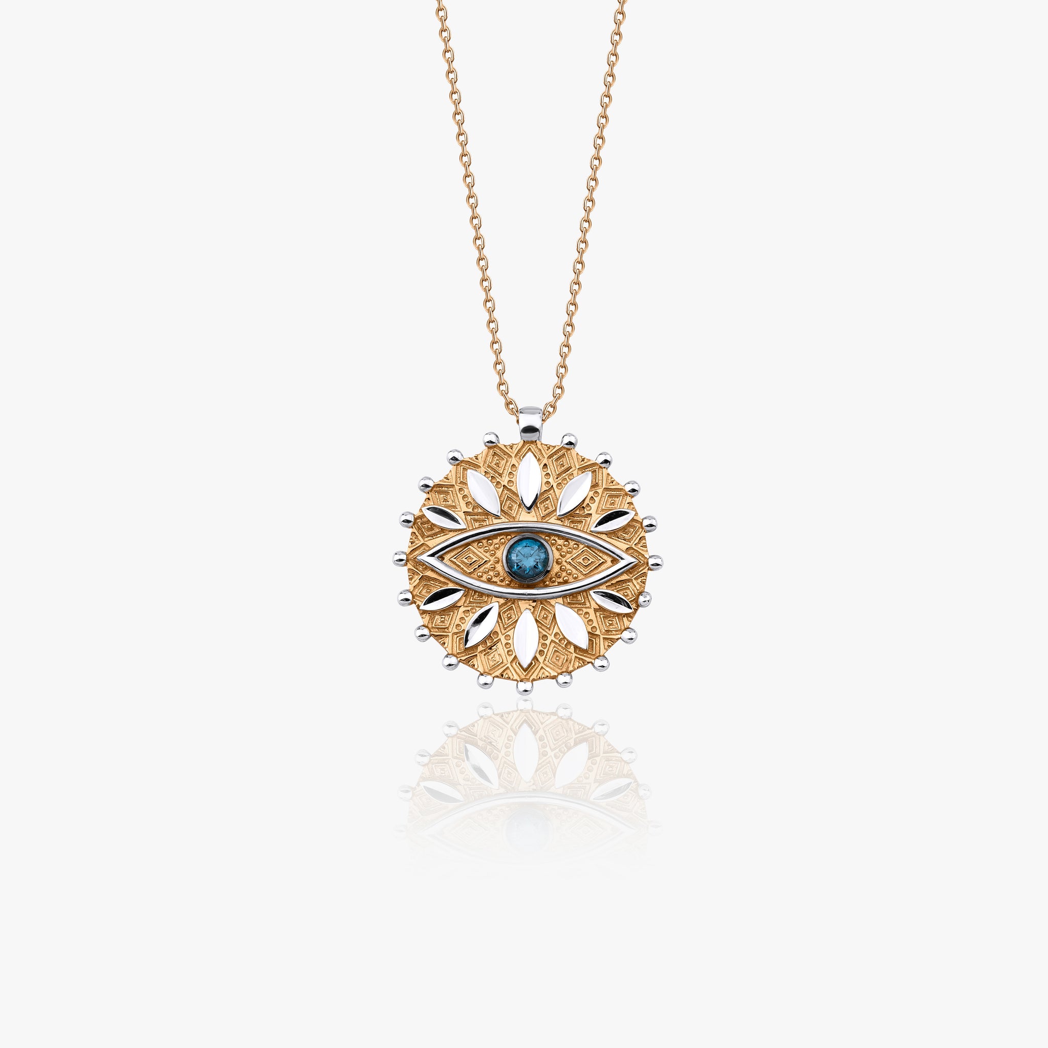 Blue Diamond Eye Medallion Necklace in 14K Gold